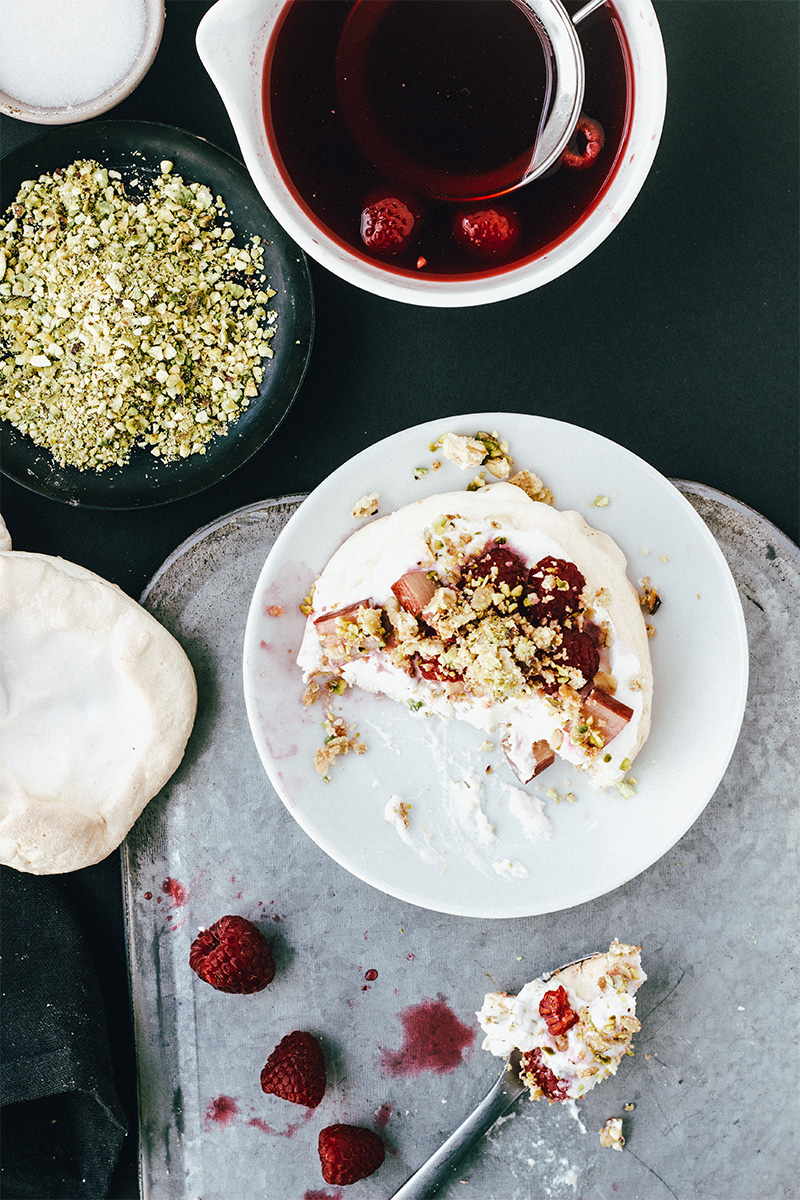 Rhubarb Raspberry Meringues with Pistachio Crumble